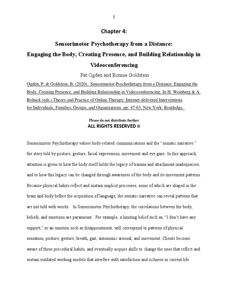 Pat Ogden and Bonnie Goldstein Sensorimotor Psychotherapy Via Videoconferencing FINAL | PDF ...
