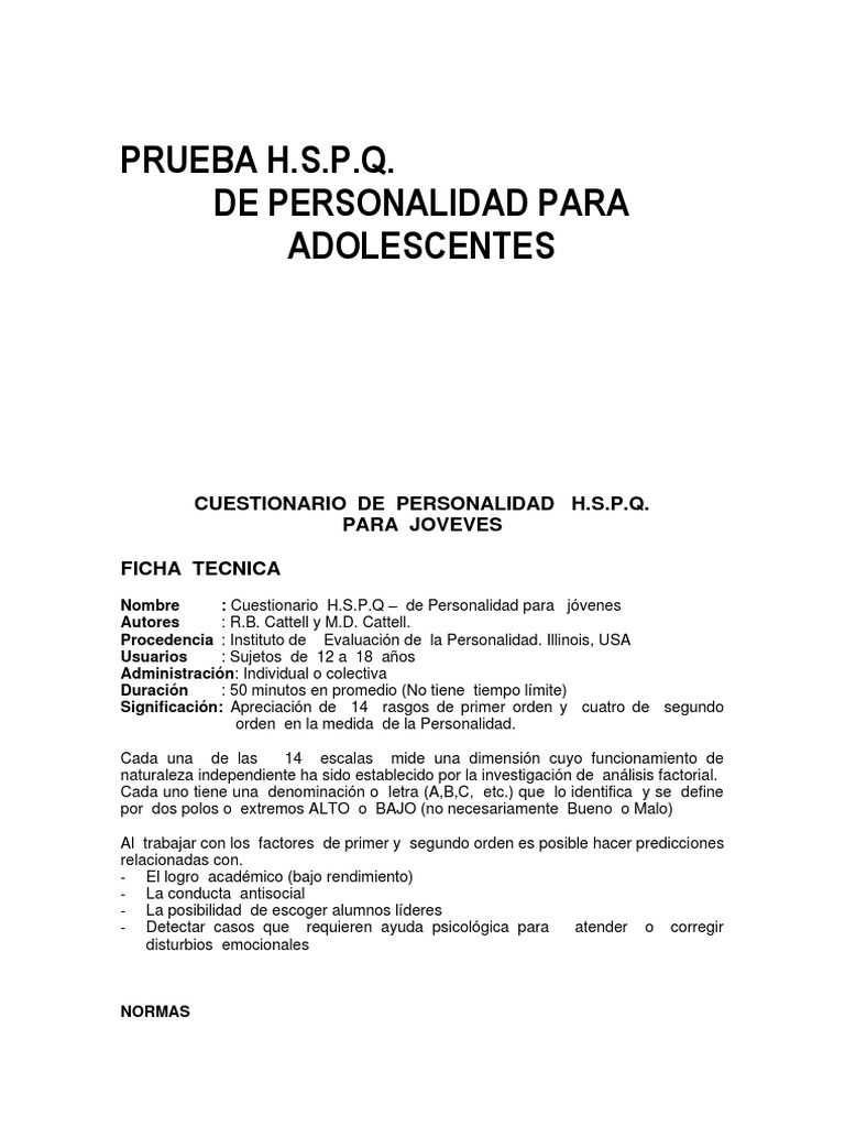 Cuestionario HSPQ para Adolescentes | PDF | Validez (Estadísticas ...