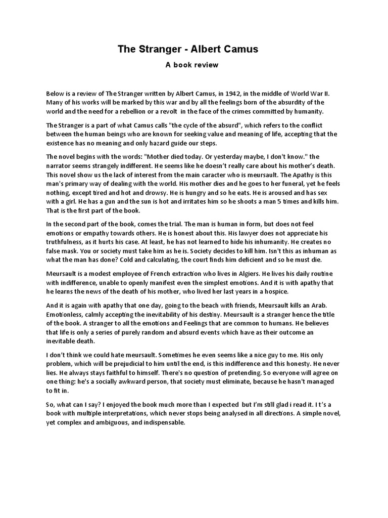 The Stranger - Albert Camus: A Book Review | PDF