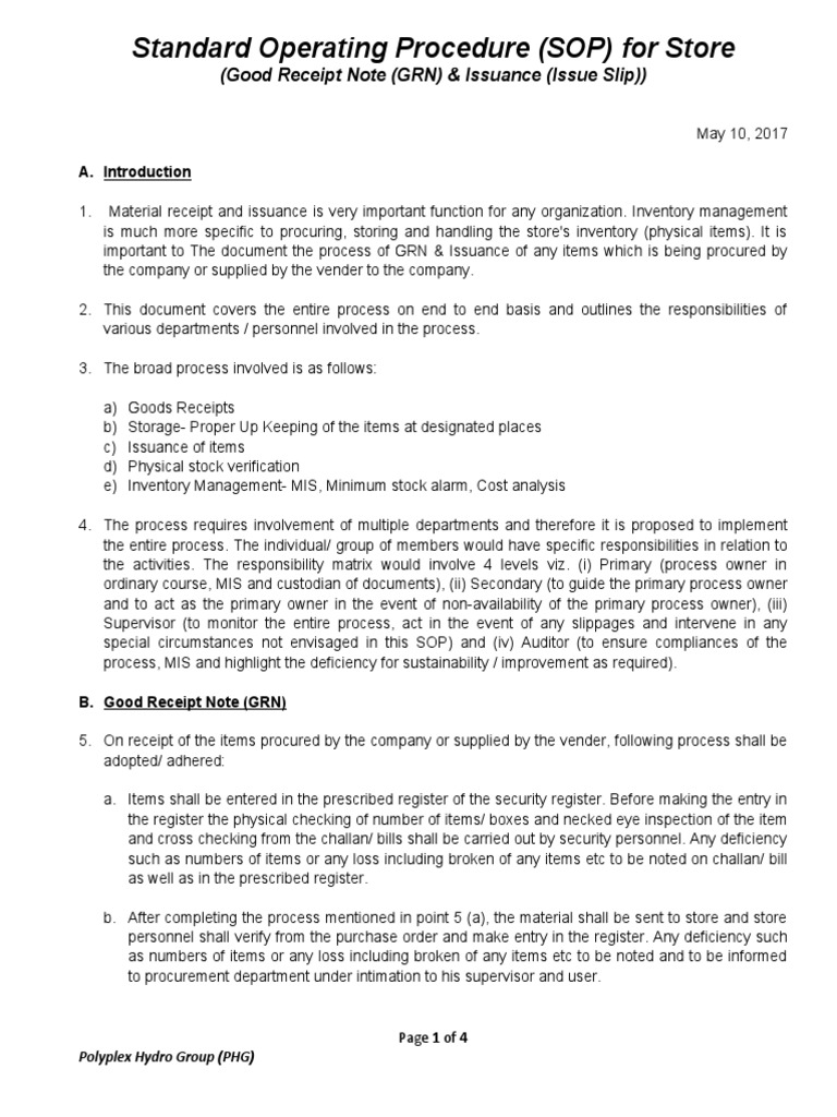 Standard Operating Procedure (SOP) For Store: (Good Receipt Note (GRN ...