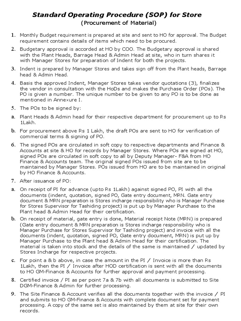 Standard Operating Procedure (SOP) For Store: (Procurement of Material ...