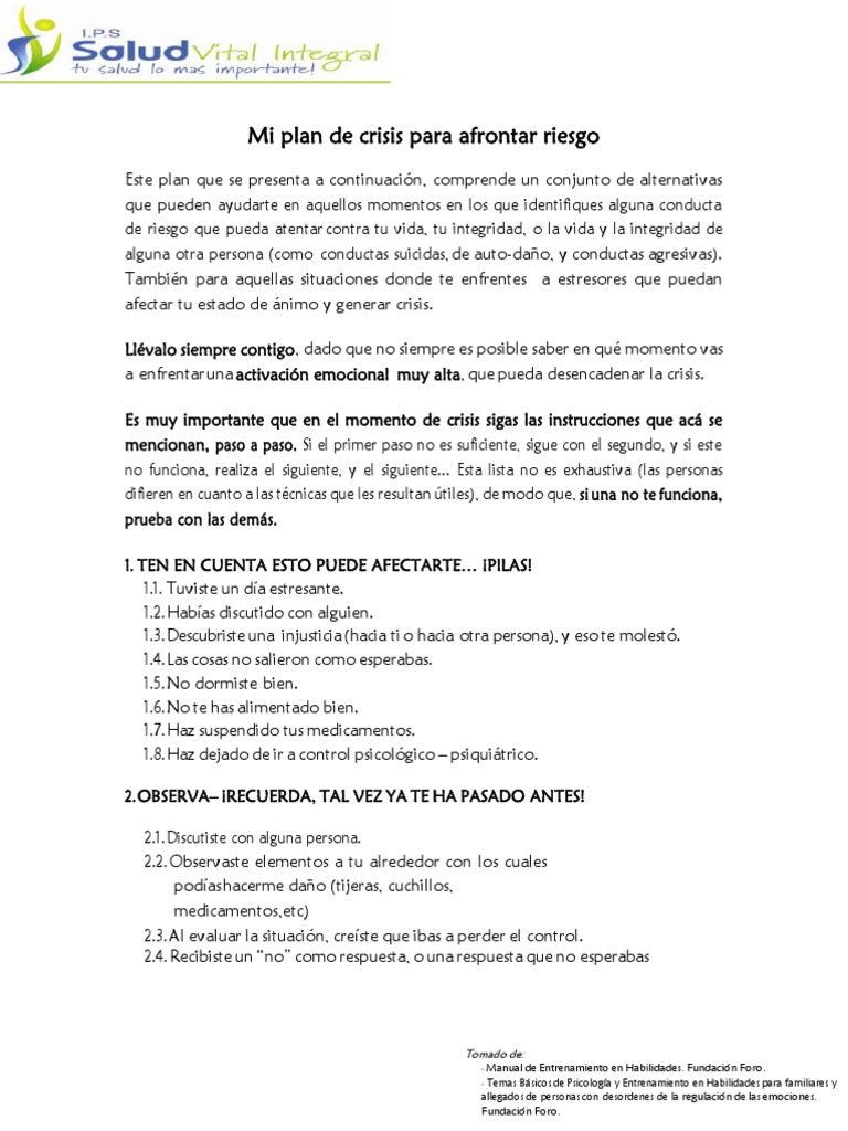 Plan de Crisis para Conductas de Riesgo | PDF | Experiencia subjetiva ...
