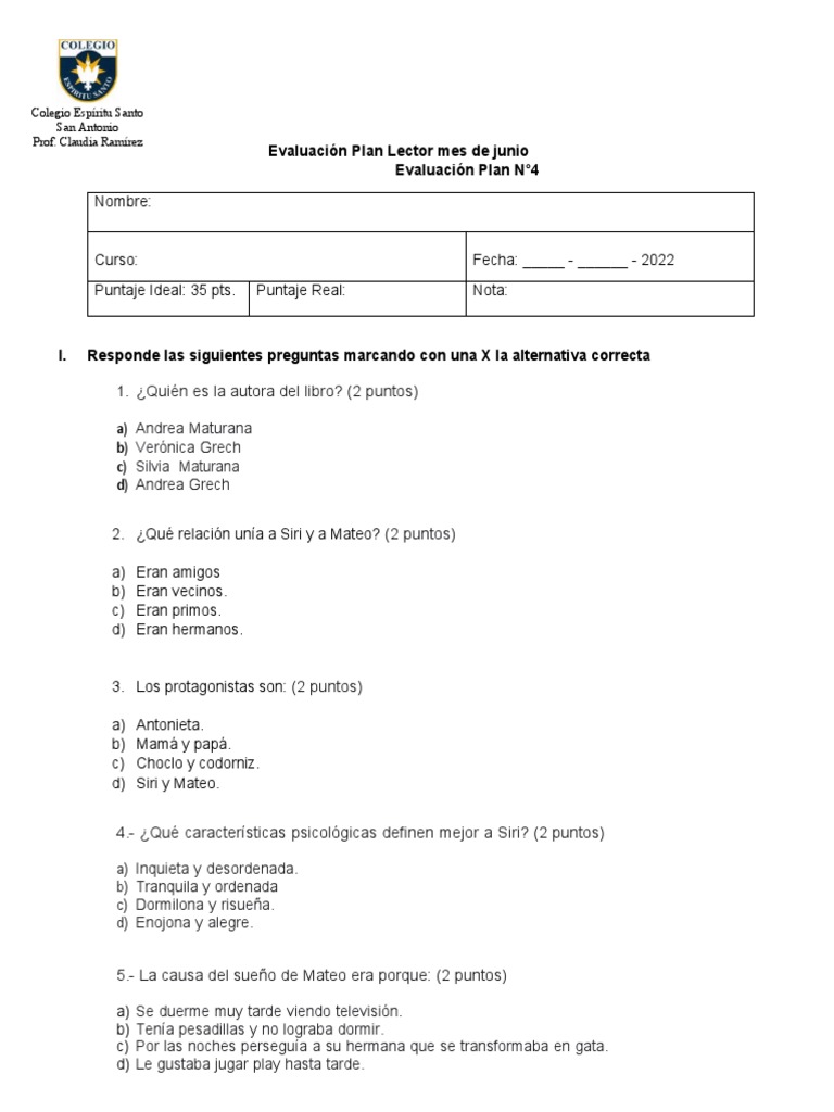 Evaluación Plan Lector Mes de Junio Siri y Mateo | PDF