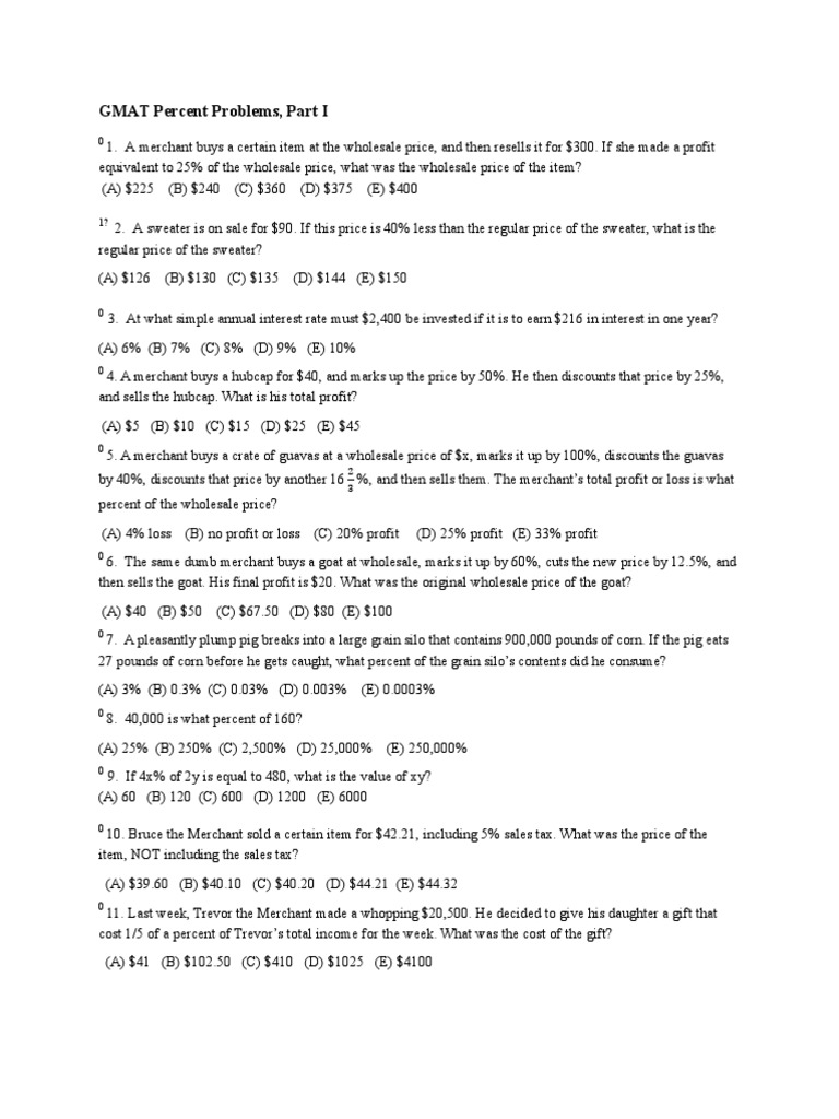 GMAT #4 Percent Problems Part I | PDF | Prices | Interest