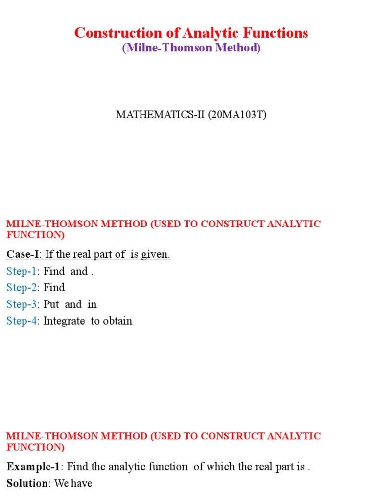 Construction of Analytic Functions: (Milne-Thomson Method) | PDF | Complex Number | Mathematics