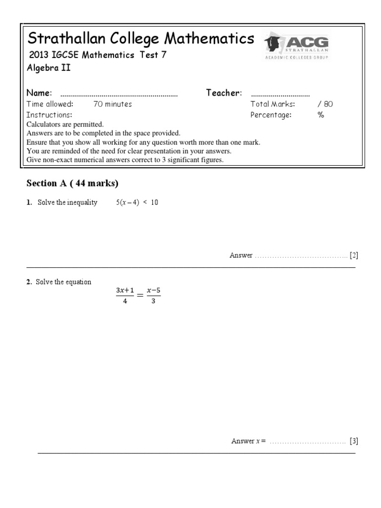 Math Year 11 Test 07 Algebra 2 ACG 2013 | PDF | Mathematics | Equations