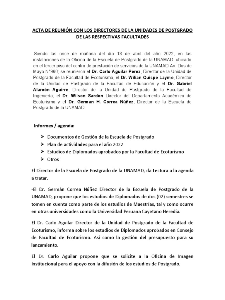 Acta de Reunion de Postgrado para Revision y Aprobacion | PDF