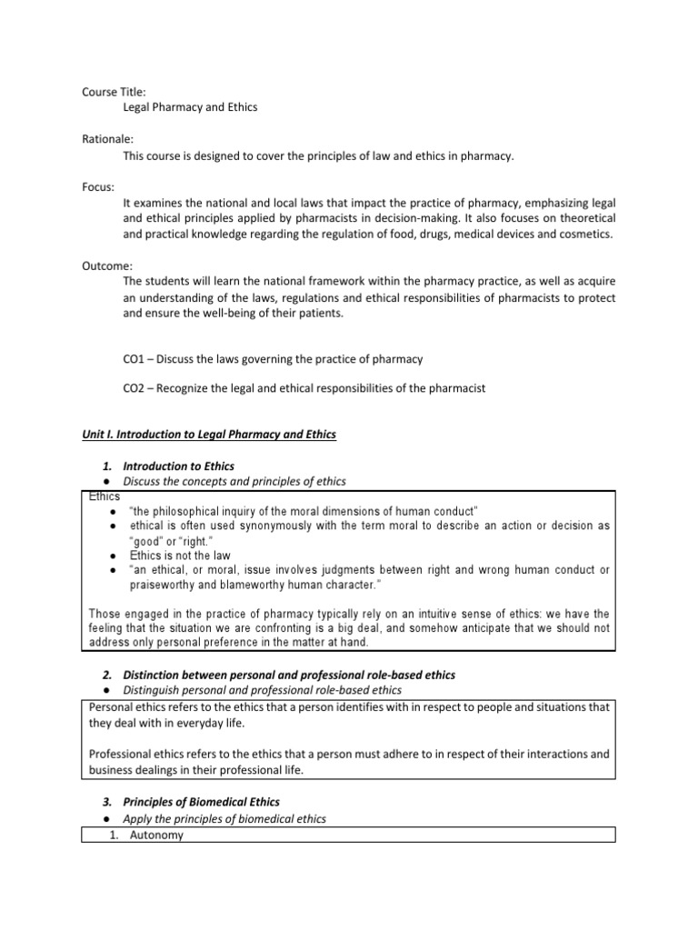 Legal Pharm Course Outline | PDF | Pharmacy | Pharmacist