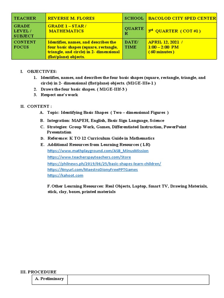 Basic 2D Shapes Lesson Plan For RPMS | Download Free PDF | Shape | Senses