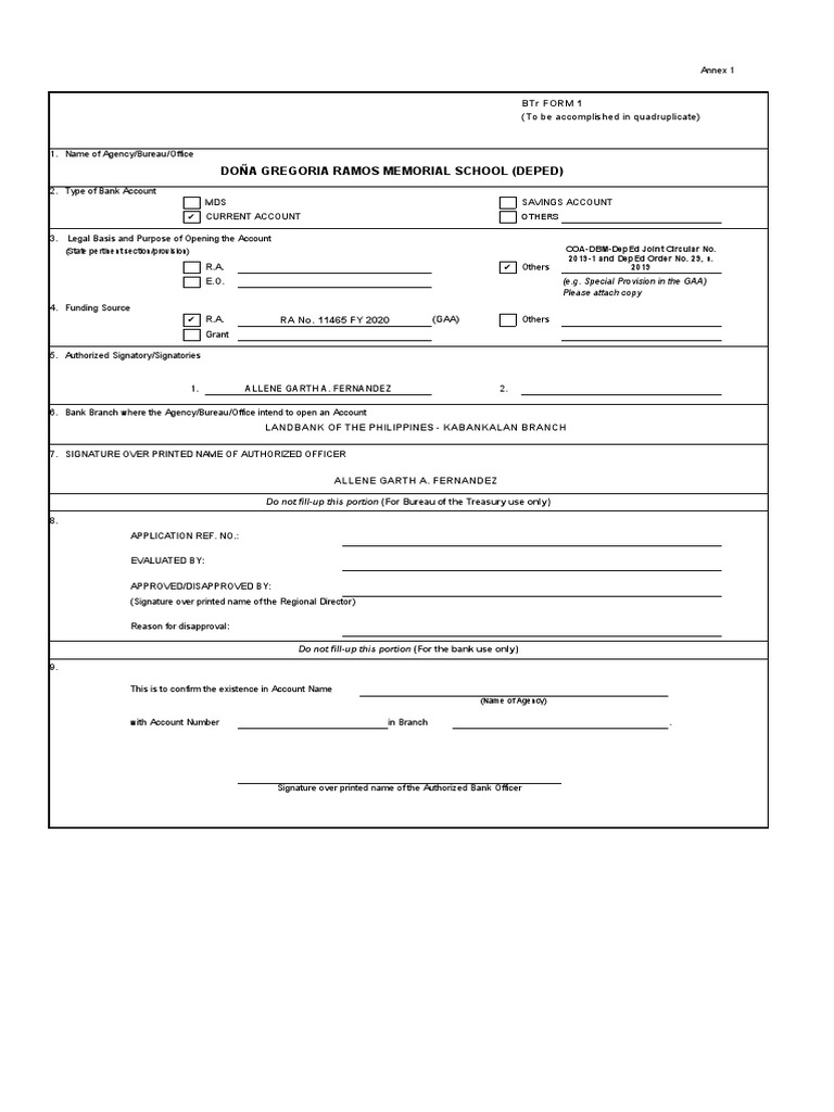 Doña Gregoria Ramos Memorial School (Deped) : BTR Form 1 | PDF | Government