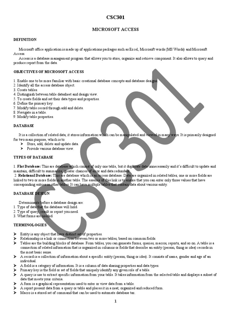 CSC 301 - Microsoft Access | Download Free PDF | Databases | Microsoft Access