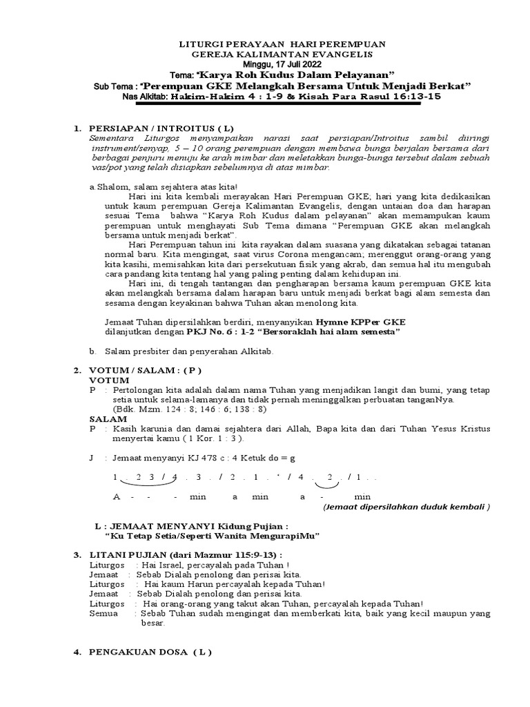 Liturgi Hari Perempuan Gke Tahun 2022 | PDF