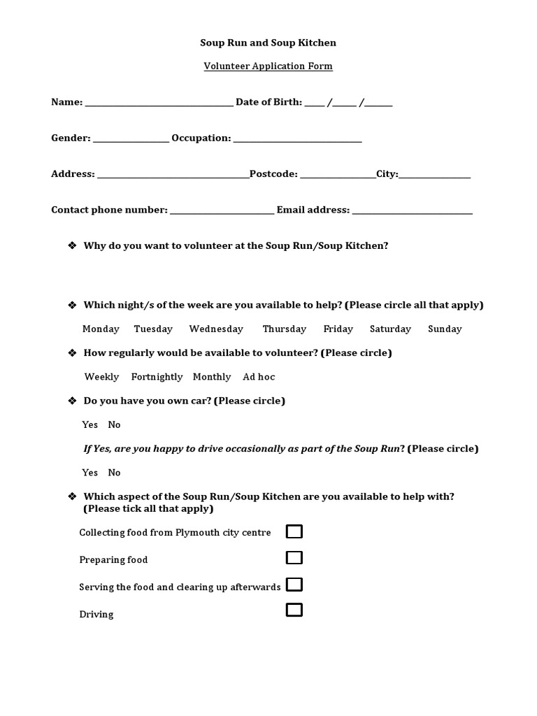 Soup Run Volunteer Application Form | PDF