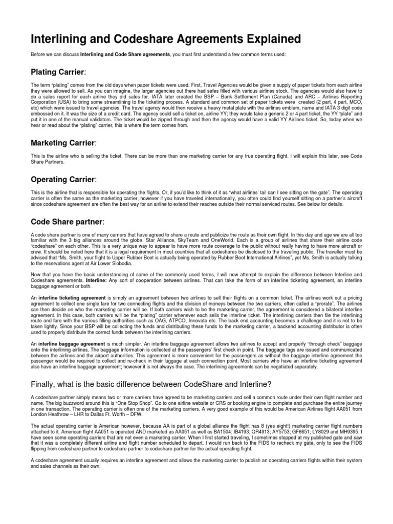 Interlining and Codeshare Agreements Explained: Plating Carrier | PDF ...
