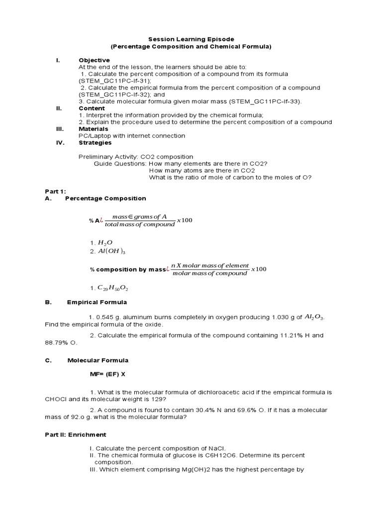 Percent Composition & Chemical Formulas | PDF | Mole (Unit) | Chemical ...