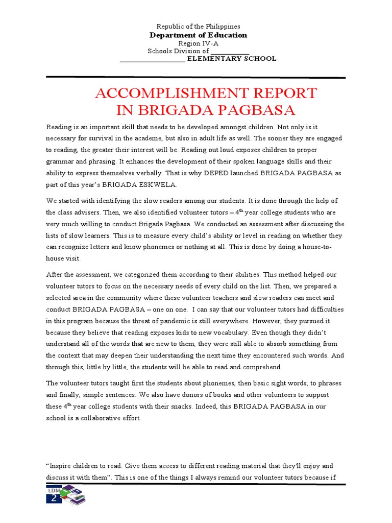 Accomplishment Report in Brigada Pagbasa: Department of Education | PDF ...