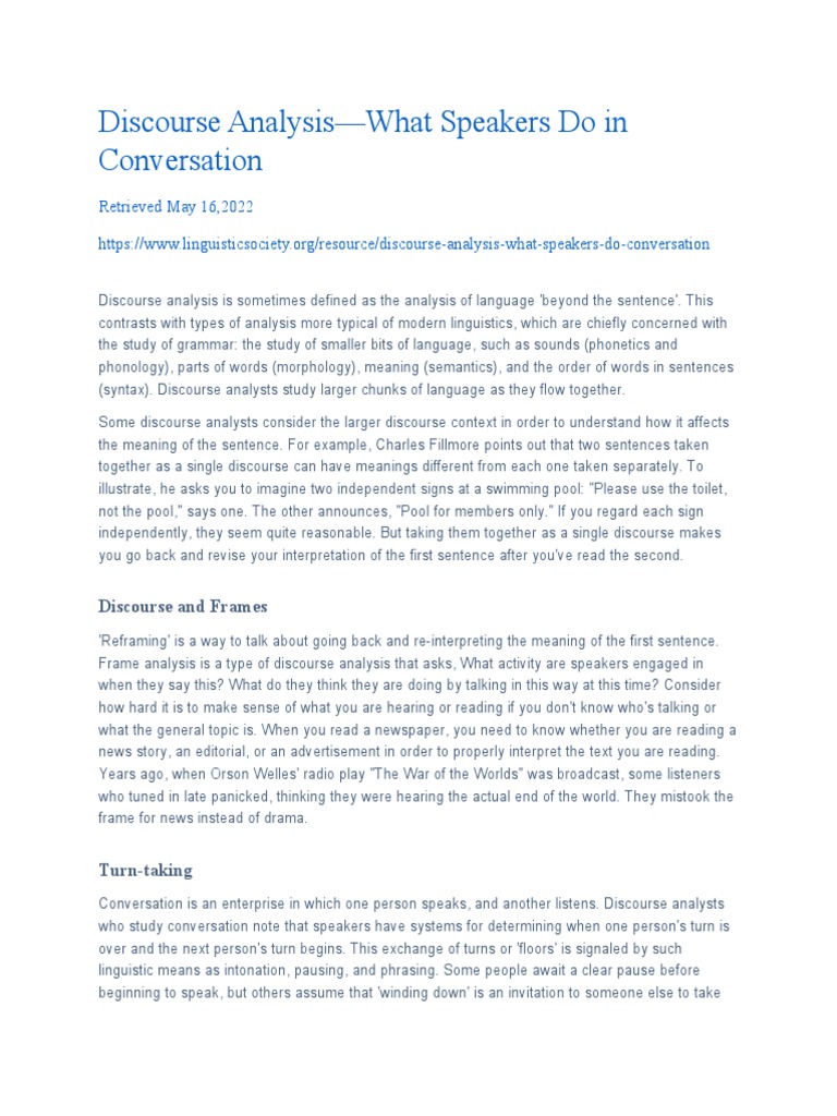 Discourse Analysis-What Speakers Do in Conversation: Retrieved May 16 ...