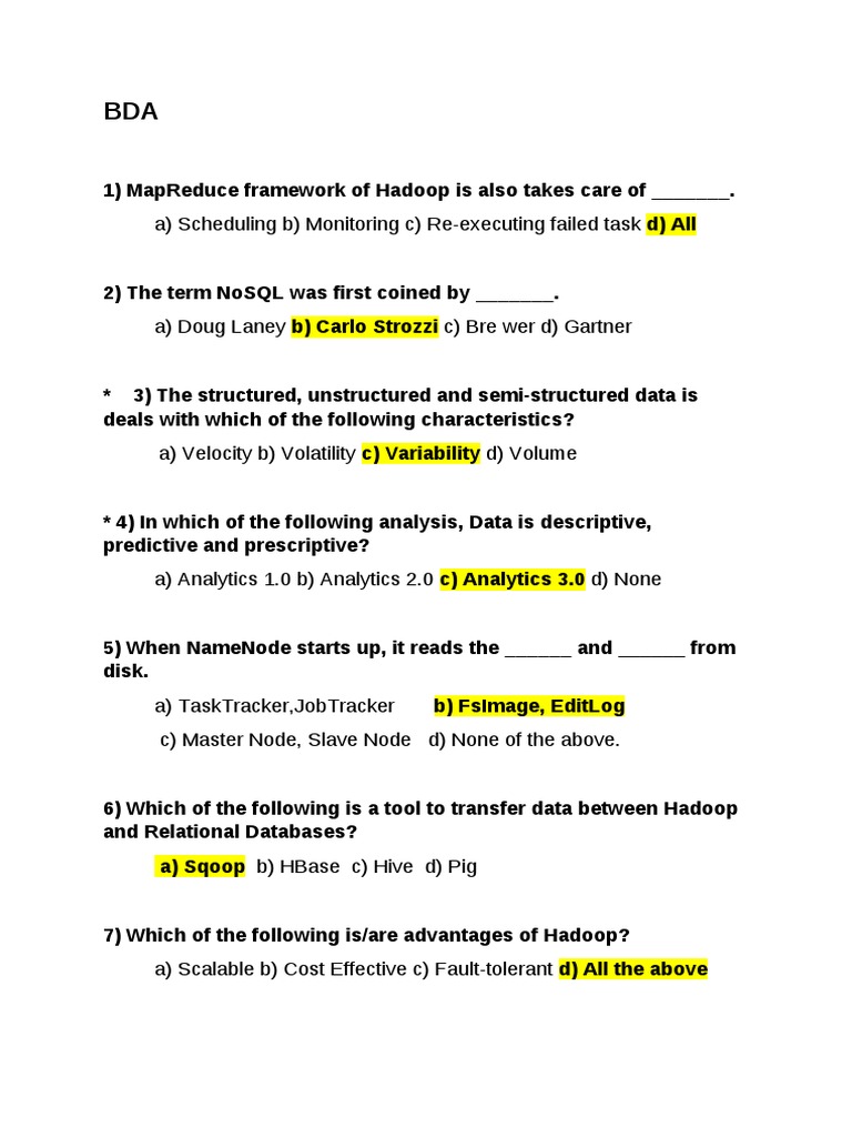 Bda MCQ | PDF | Apache Hadoop | Map Reduce
