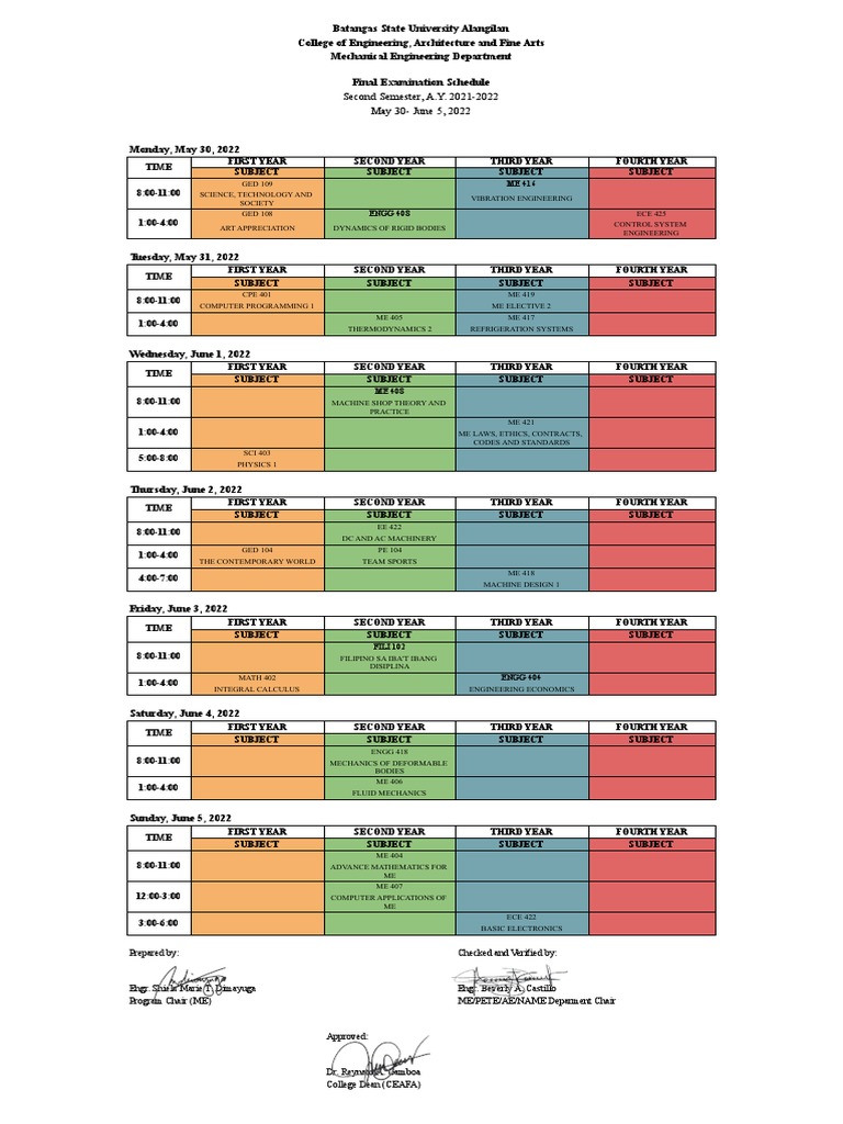 BSU CEAFA Mechanical Engineering Final Exam Schedule AY 2021-2022 | PDF ...