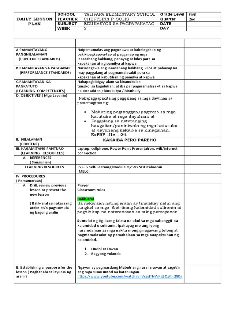 Daily Lesson Plan: Nakapagpapakita NG Paggalang Sa Mga Dayuhan Sa ...