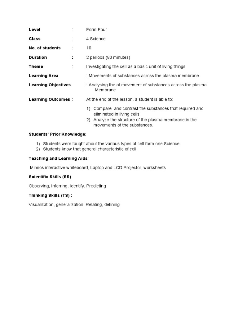 Plasma Membrane Movement Lesson Plan | PDF | Learning | Cell Membrane