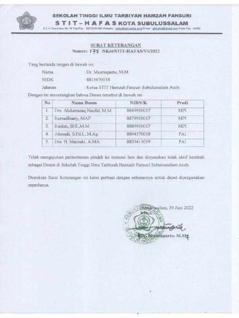 Surat Keterangan Pindah Dosen STIT HAFAS | PDF