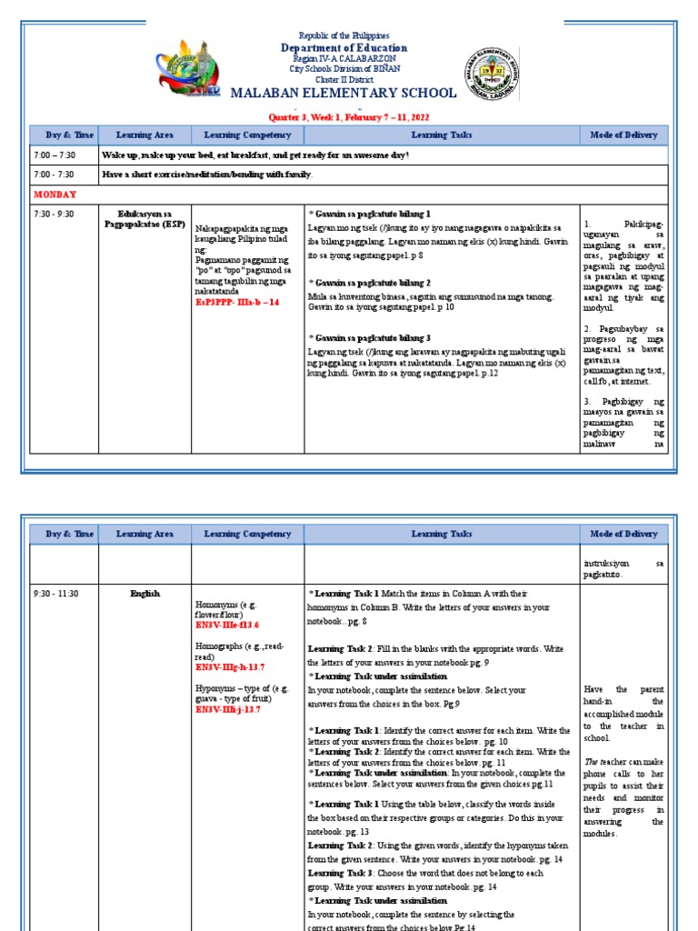 Week 1 Weekly Home Learning Plan For Grade 3 February7 112022 | PDF