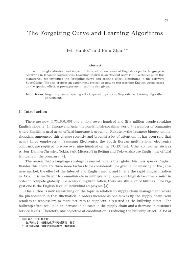 The Forgetting Curve and Learning Algorithms: Jeff Hanks!and Ping Zhan ...