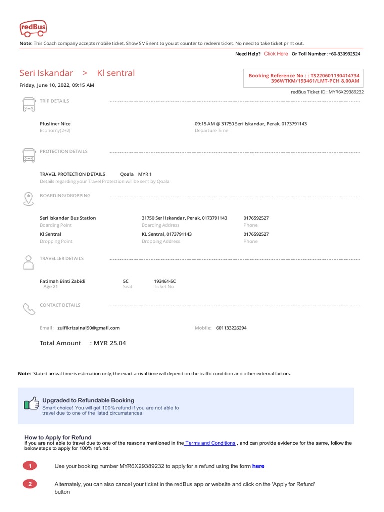 Seri Iskandar to KL Sentral Bus Ticket | PDF | Ticket (Admission) | Bus