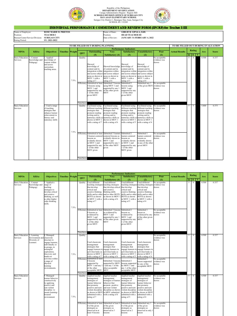 Individual Performance Commitment and Review Form (Ipcrf) For Teacher I ...
