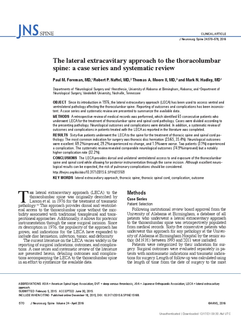 (Journal of Neurosurgery - Spine) The Lateral Extracavitary Approach To ...