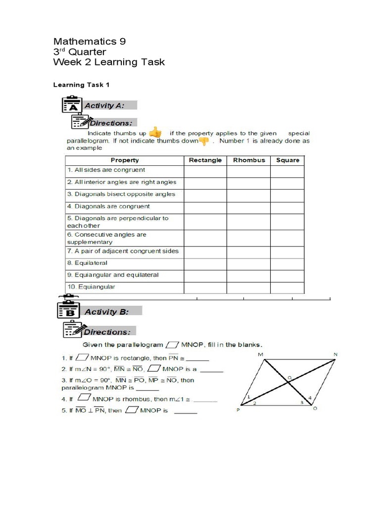 Math Activities in Properties of Parallelogram | PDF