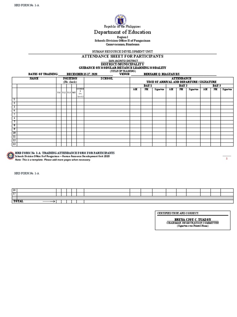 1 - Deped Pang 2 HRD Form-No 1-A Training Attendance Form For ...