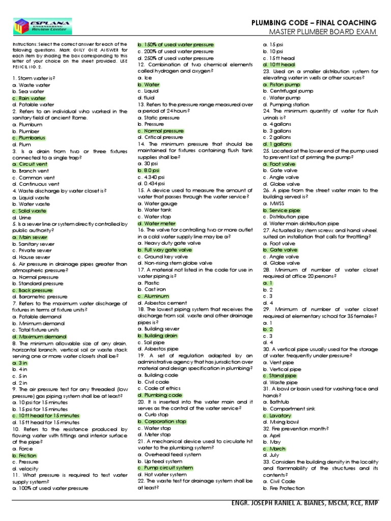 Plumbing Code Final Coaching Answer Key | PDF | Plumbing | Sanitary Sewer