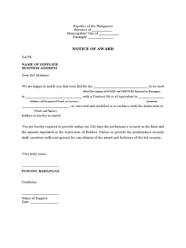 Barangay Notice of Award Template | PDF | Finance & Money Management