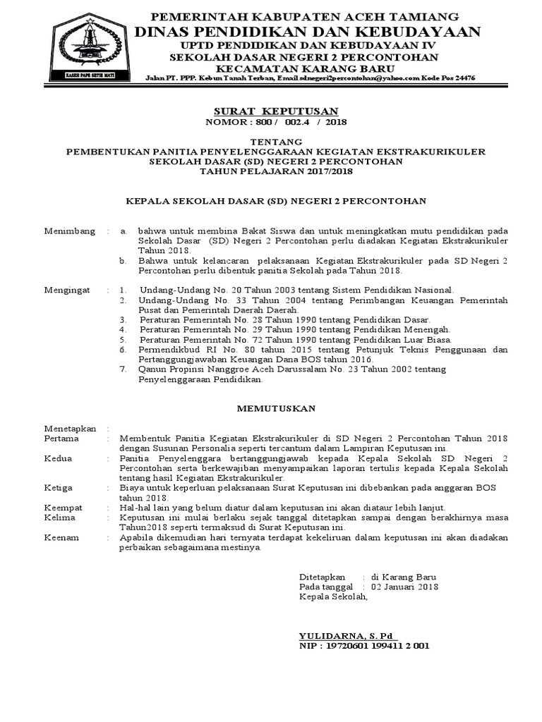 SK Pelatih Ekstrakurikuler 2018 | PDF