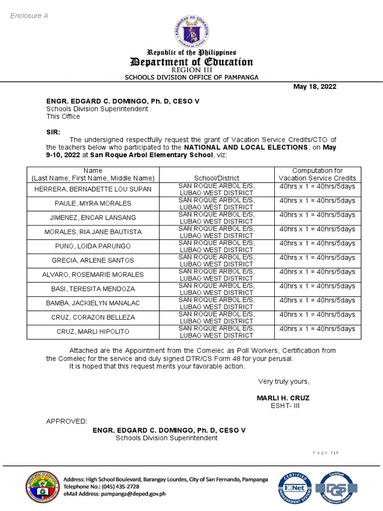 A Request For Vacation Service Credits - Elections SRAES | PDF