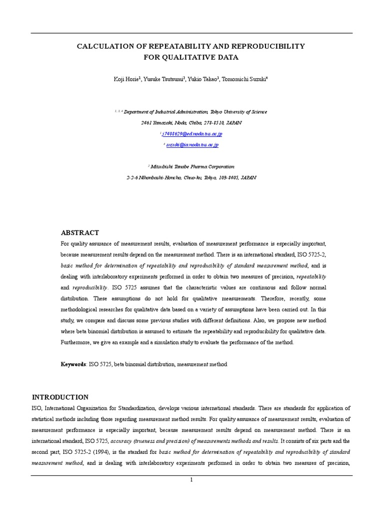 Calculation of Repeatability and Reproducibility For Qualitative Data ...