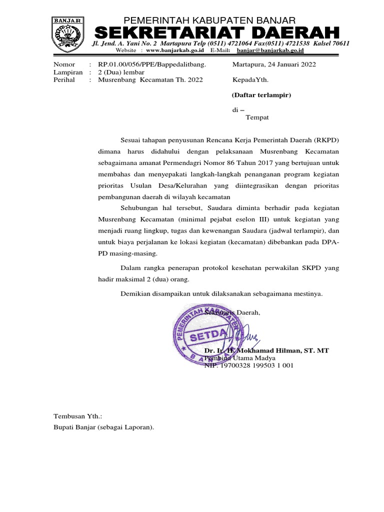 Surat Pemberitahuan Musrenbang Ke SKPD TTD Sekda | PDF