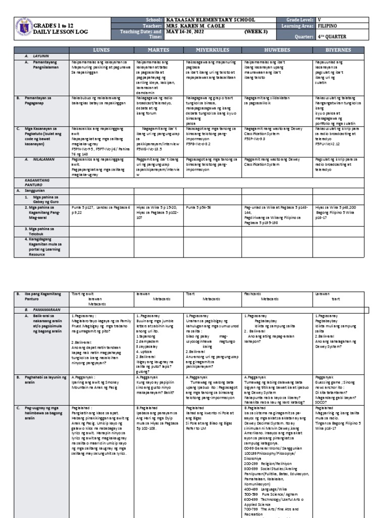 DLL - Filipino 5 - Q4 - W3 | PDF