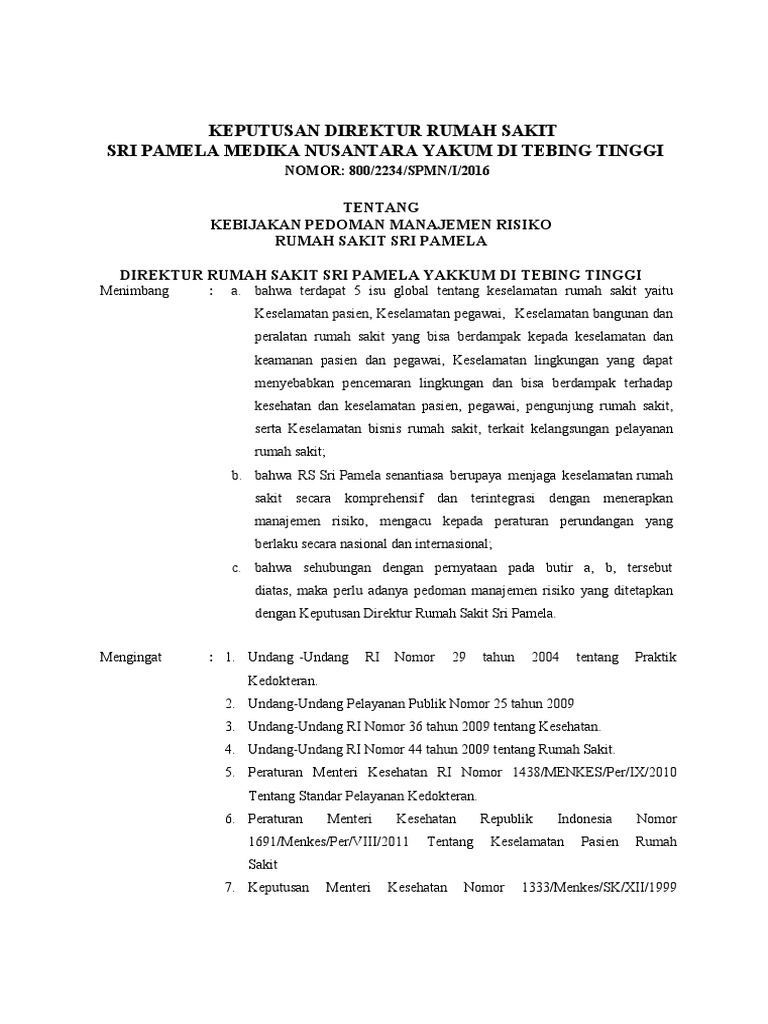 Pedoman Manajemen Resiko RSMW | PDF