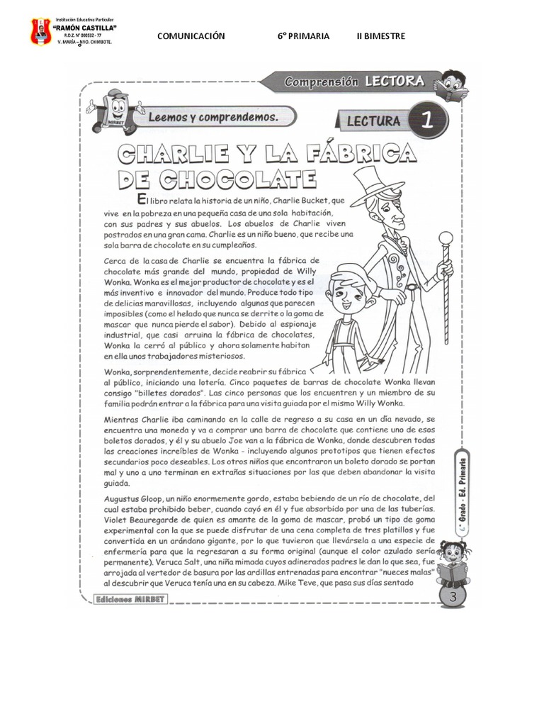 Comprensión Lectora Charlie y La Fábrica de Chocolate | PDF