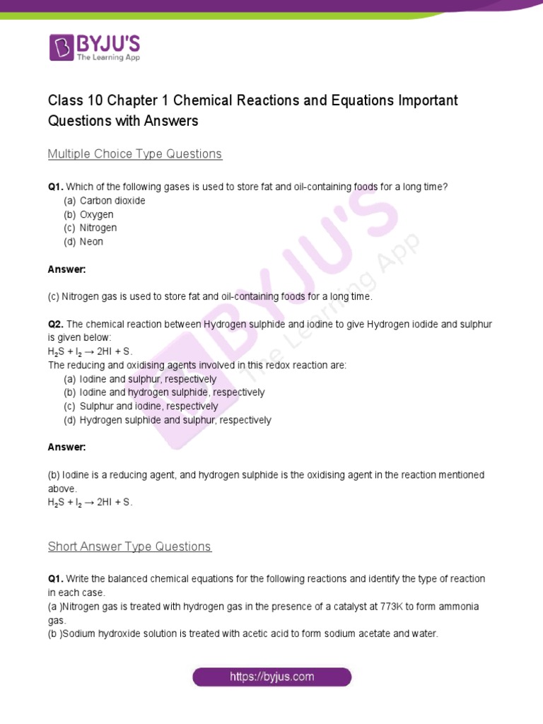 Class 10 Chapter 1 Chemical Reactions and Equations Important Questions ...