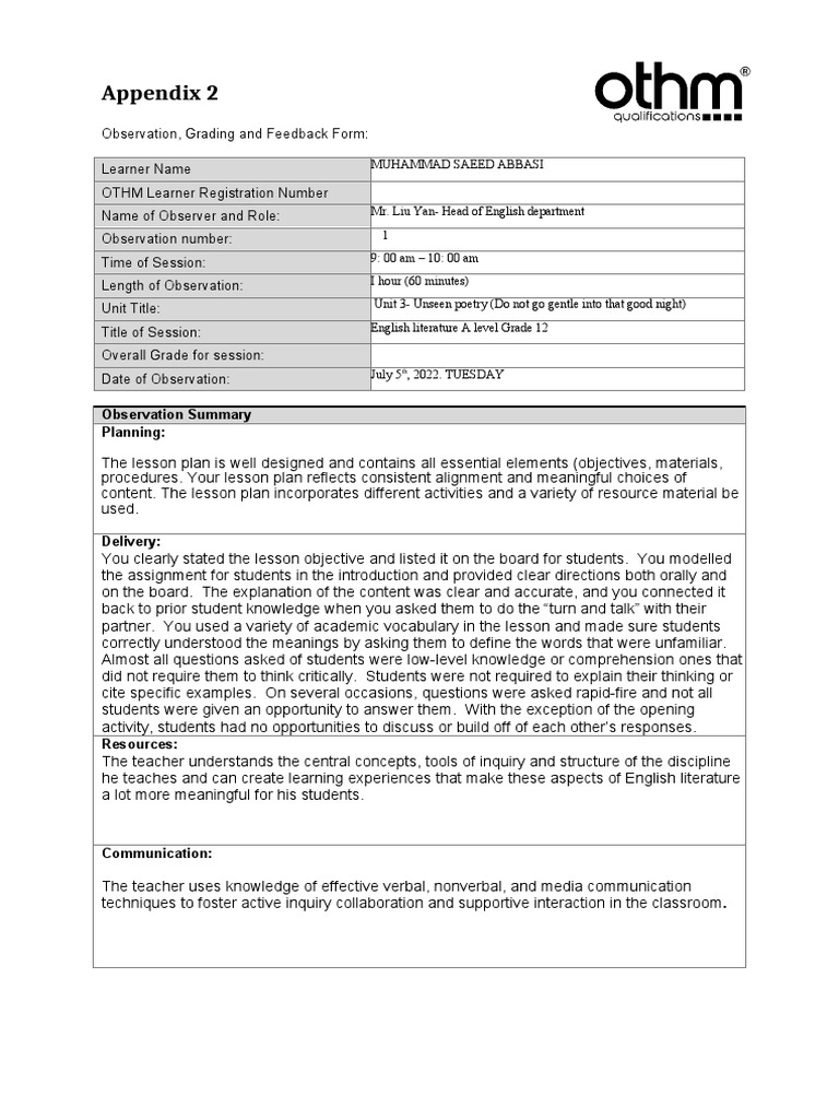 Muhammad Saeed Abbasi1. Appendix 2 Observation, Grading and Feedback ...