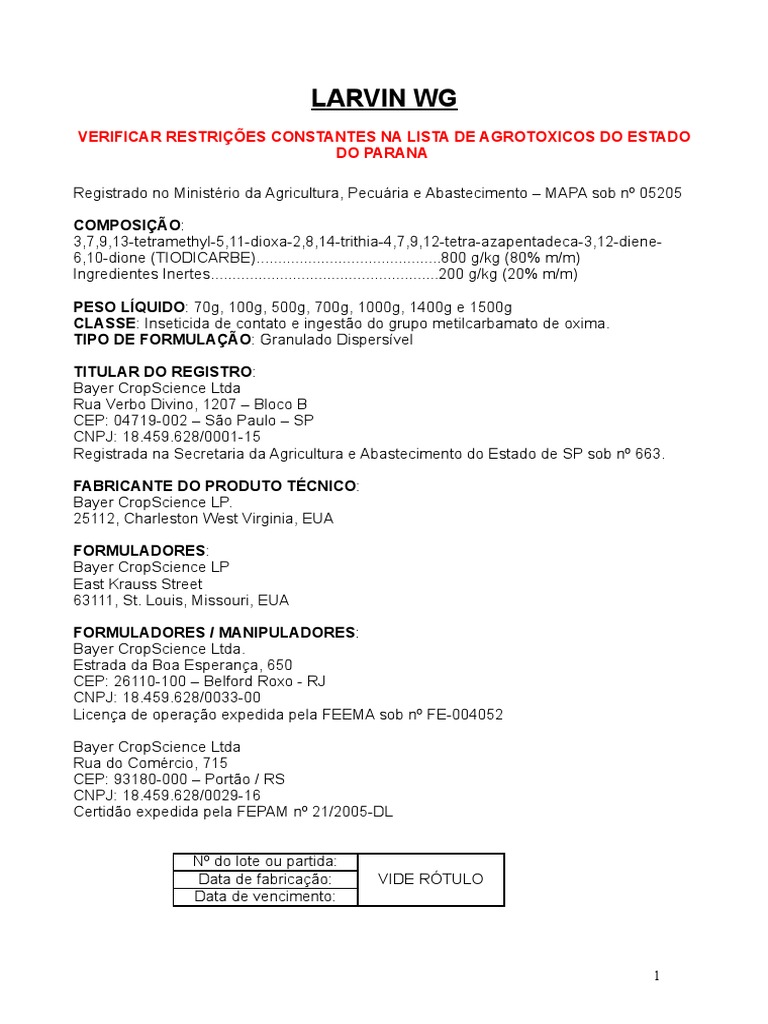 Larvin WG | PDF | Embalagem e rotulagem | Inseticida