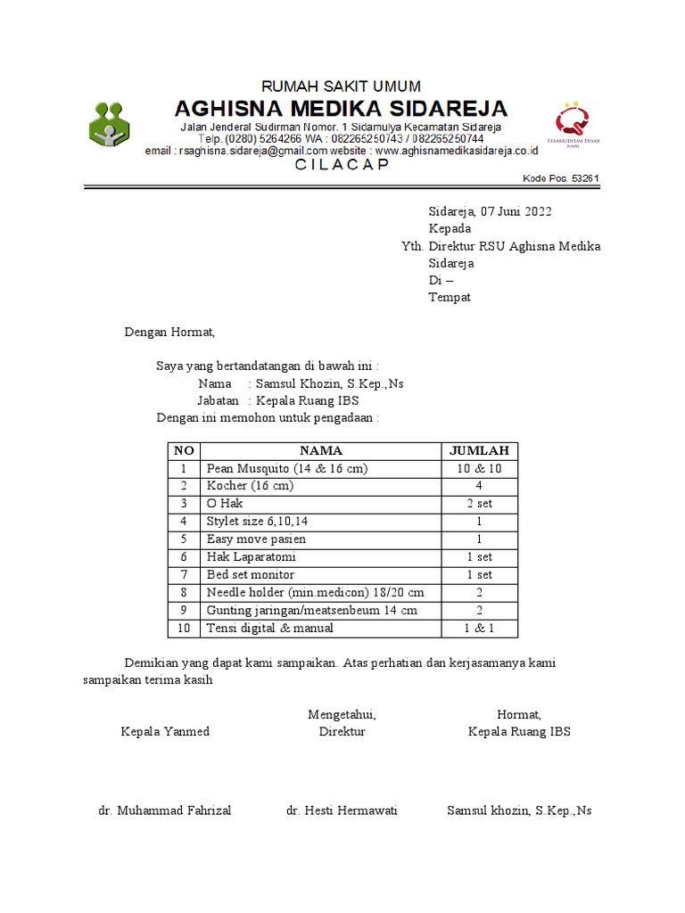 Permohonan Pengadaan Alat IBS RSU Aghisna | PDF