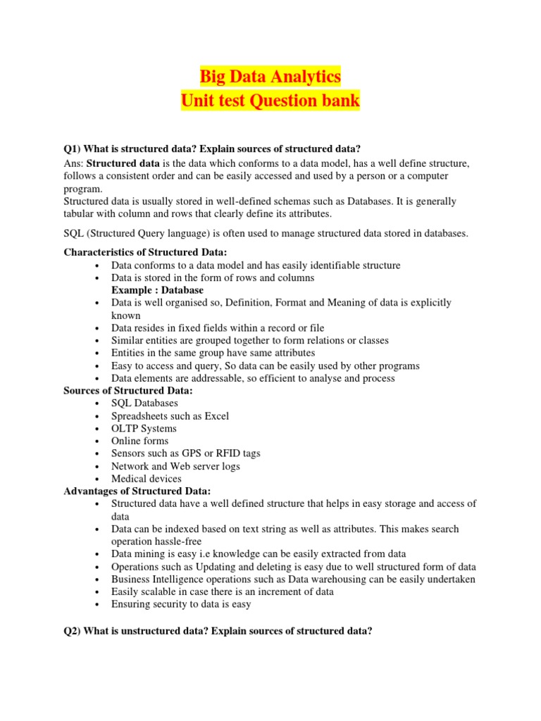 Big Data Analytics Unit Test-I Answers Bank | PDF | No Sql | Big Data