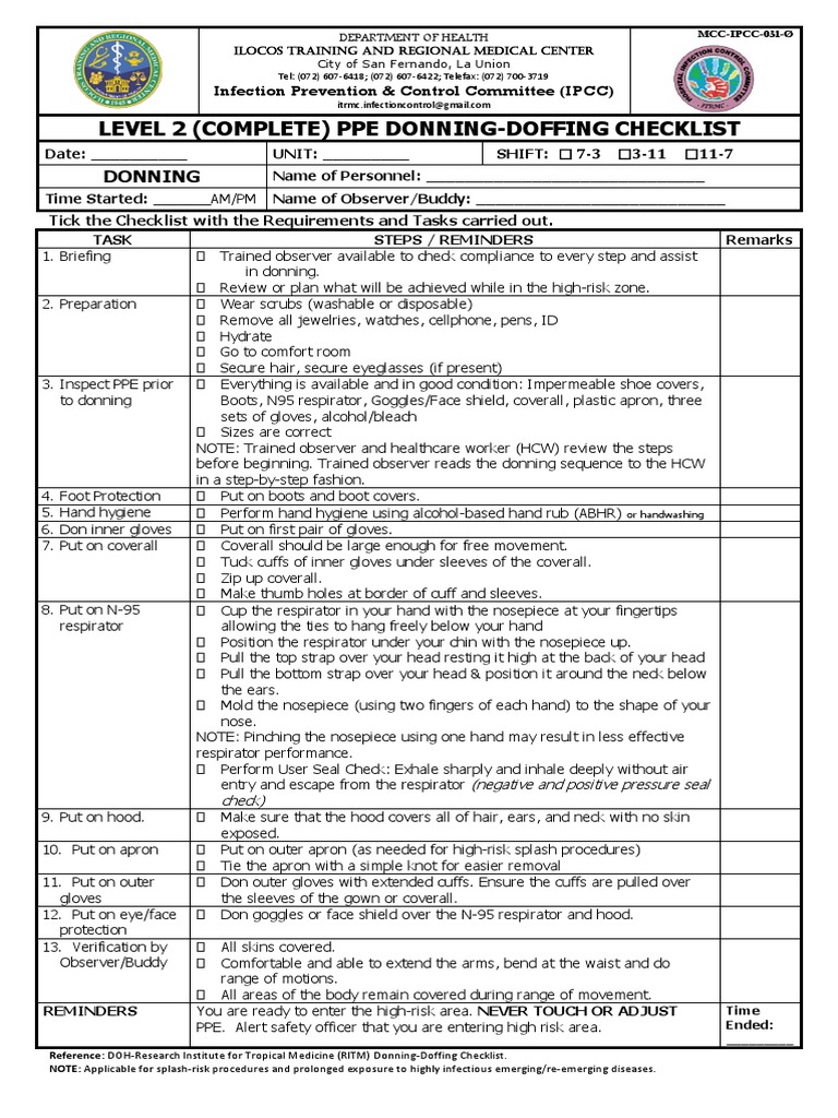 Level 2 (Complete) Ppe Donning-Doffing Checklist | PDF | Personal ...