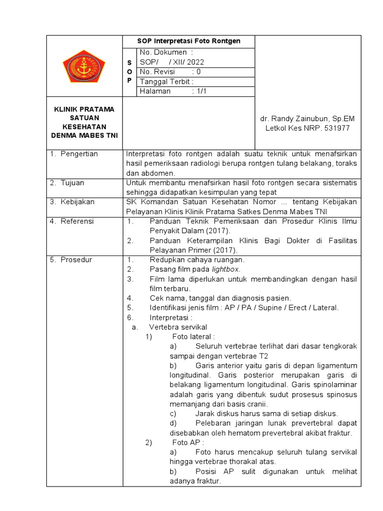 SOP Interpretasi Foto Rontgen | PDF