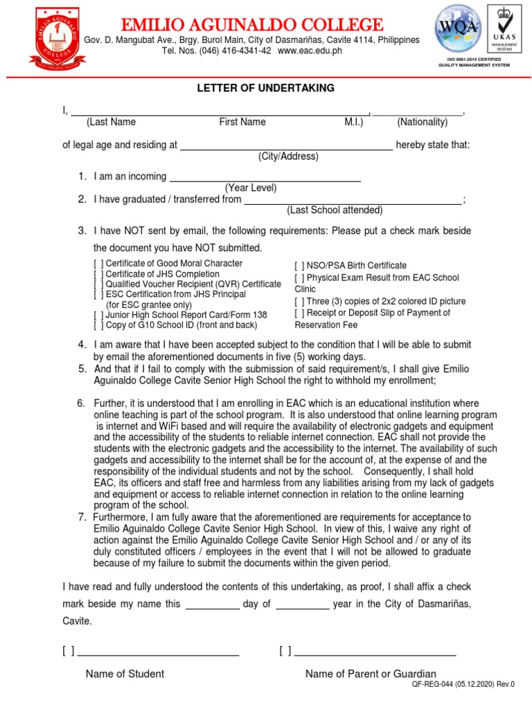 Emilio Aguinaldo College: Letter of Undertaking | PDF | Internet